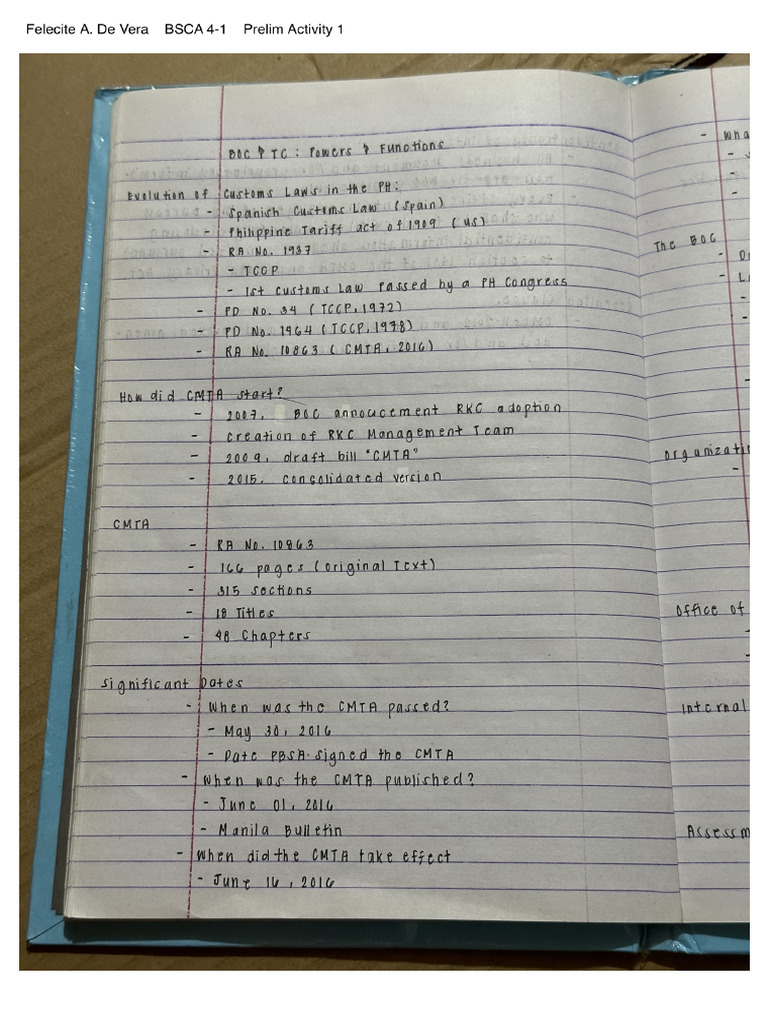 De Vera - BSCA 4-1 - Customs Laws - Prelim Activity 1 | PDF