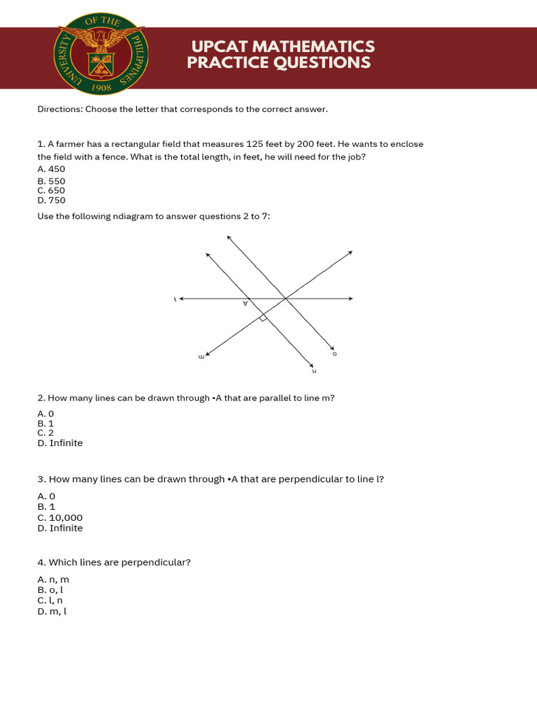 UPCAT Mathematics Practice Questions Set 2 PDF | PDF | Triangle ...