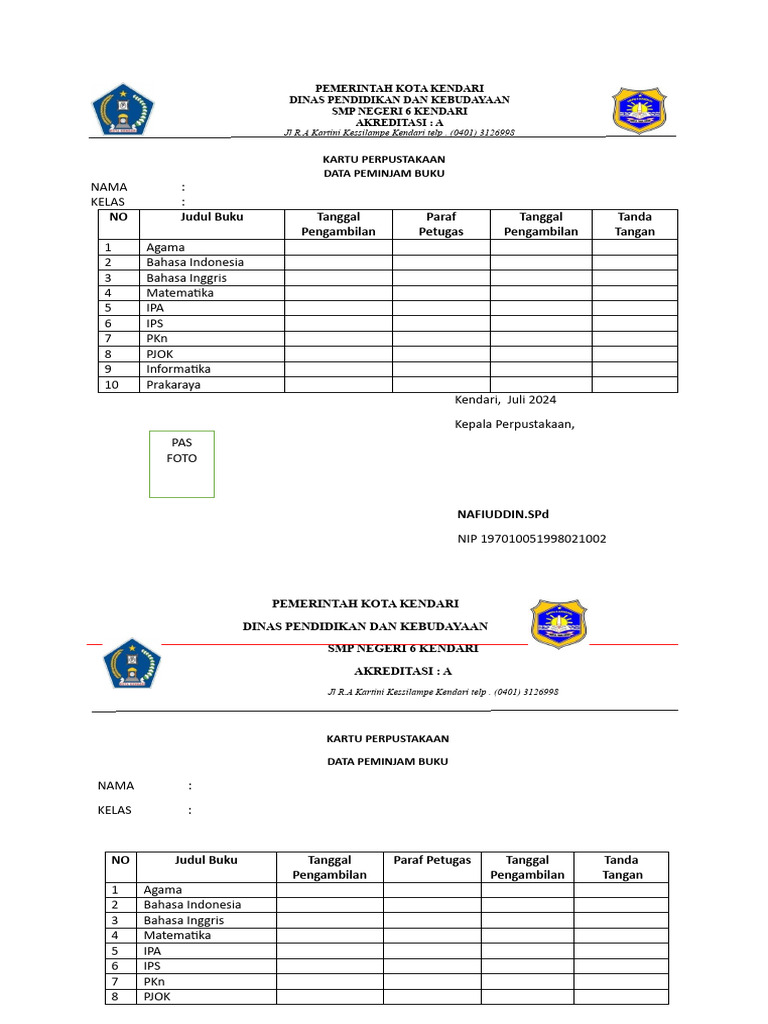 Data Peminjam Buku Kelas Vii Perpustakaan Nafi (Autorecovered) | PDF