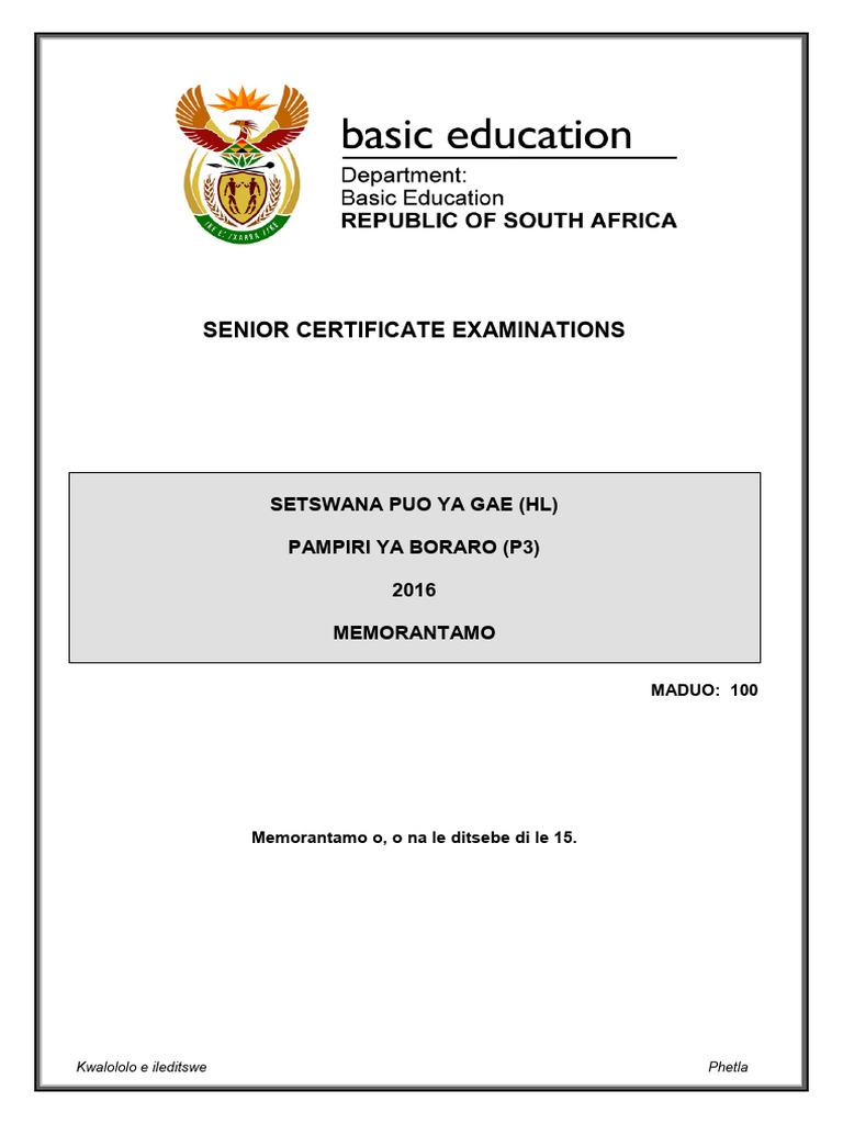 Setswana HL P3 May-June 2016 Memo | PDF