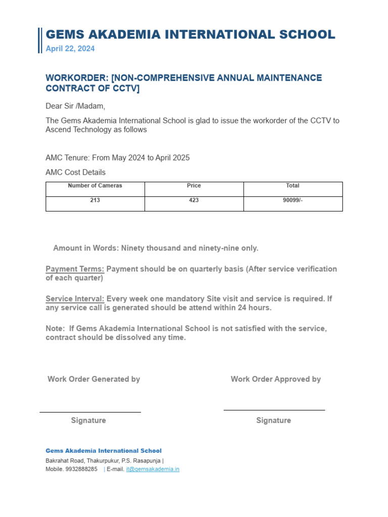 CCTV GAIS AMC Workorder 2024-25 | PDF | Technology & Engineering