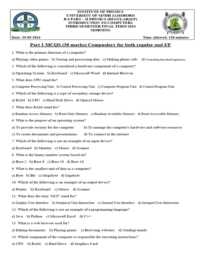Introduction To Computers Final Exam | PDF | Computer Data Storage | Computer Hardware