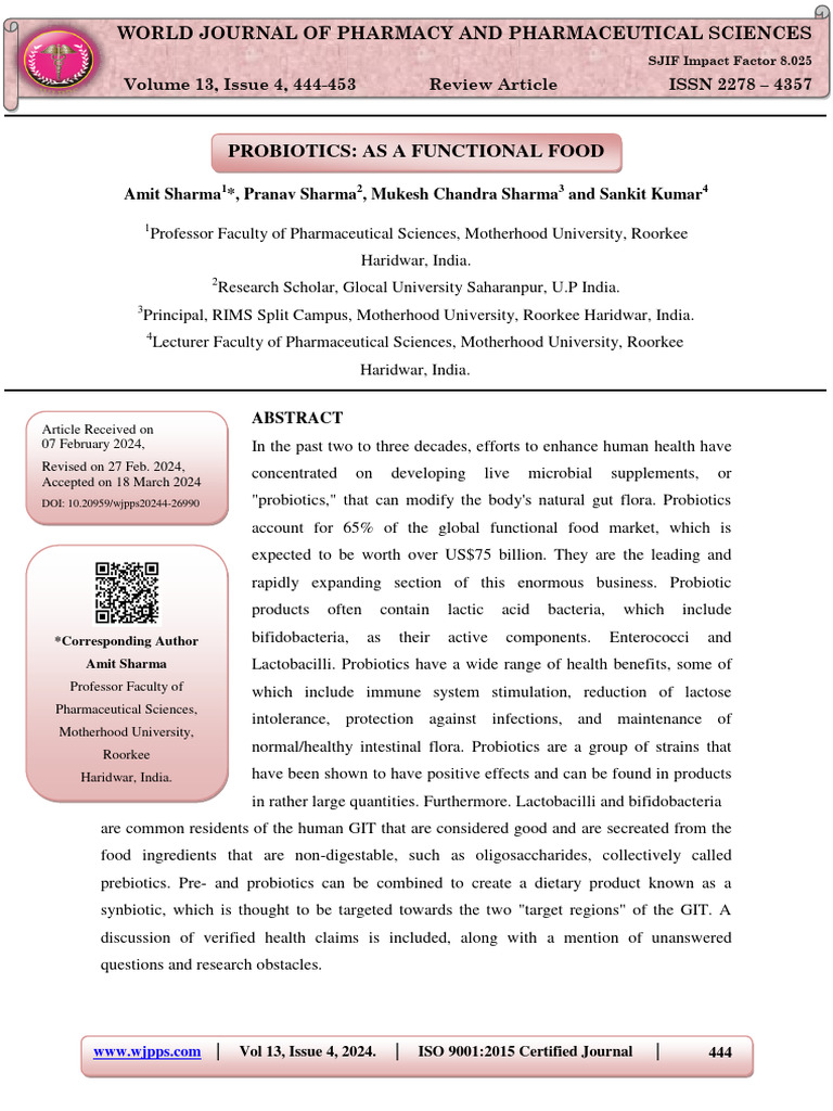 PROBIOTICS: AS A FUNCTIONAL FOOD | PDF | Probiotic | Gastrointestinal Tract