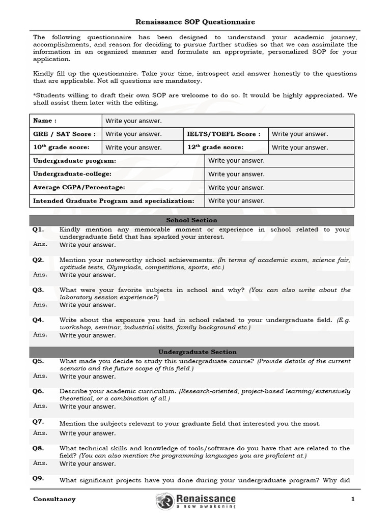 Renaissance SOP Questionnaire Updated 03-04-2019 | PDF | Cognition