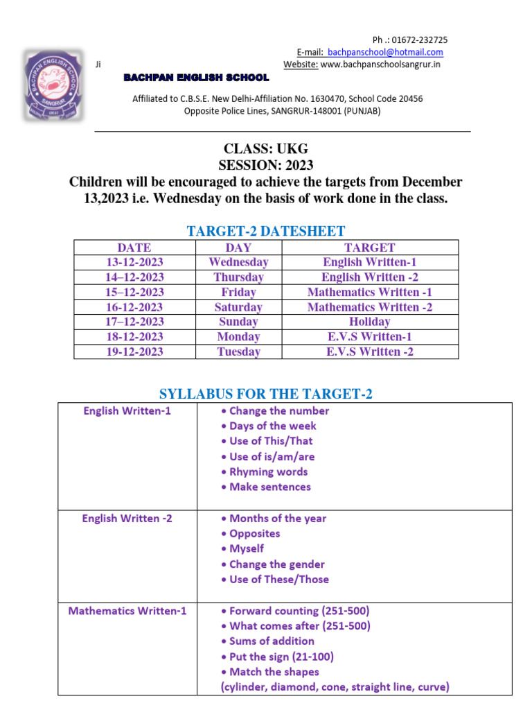 Datesheet and Syllabus of UKG For TARGET-2 | PDF