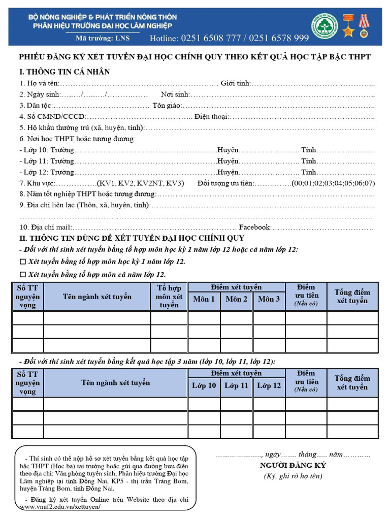 Phieu DKXT Daihoc CQ | PDF