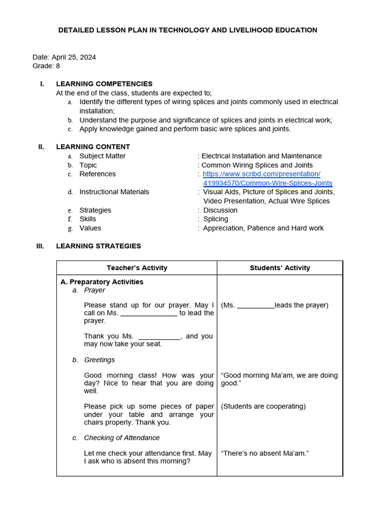 Detailed Lesson Plan in Technology and Livelihood Education | PDF ...