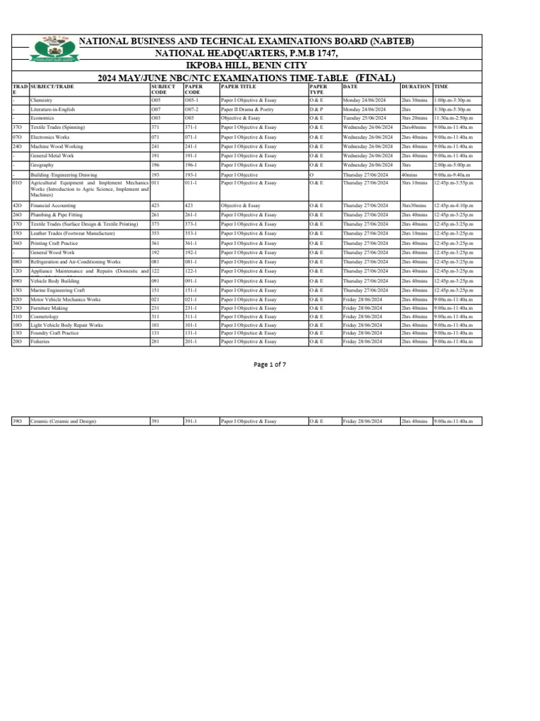 2024 May - June Exams Time Table Final Adjusted On 11th June 2024 | PDF | Paper | Home Appliance