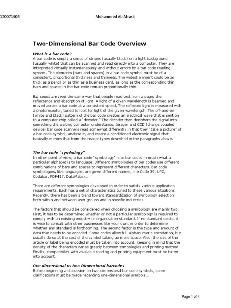 Two-Dimensional Bar Code Overview | PDF | Barcode | Qr Code