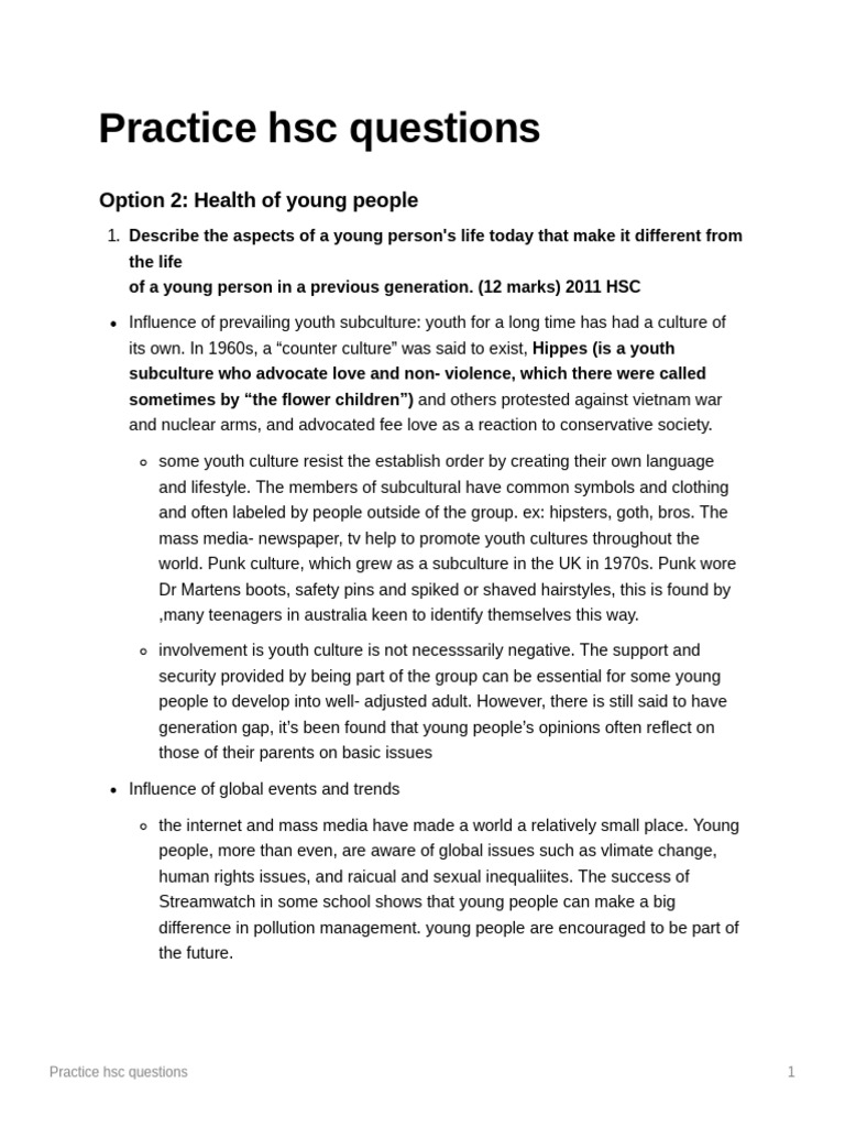 Practice HSC Questions | PDF | Adolescence | Psychological Resilience