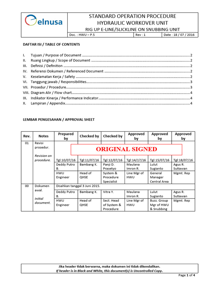HWU - P.5. SOP Rig Up E-Line Slickline On Snubbing Unit | PDF