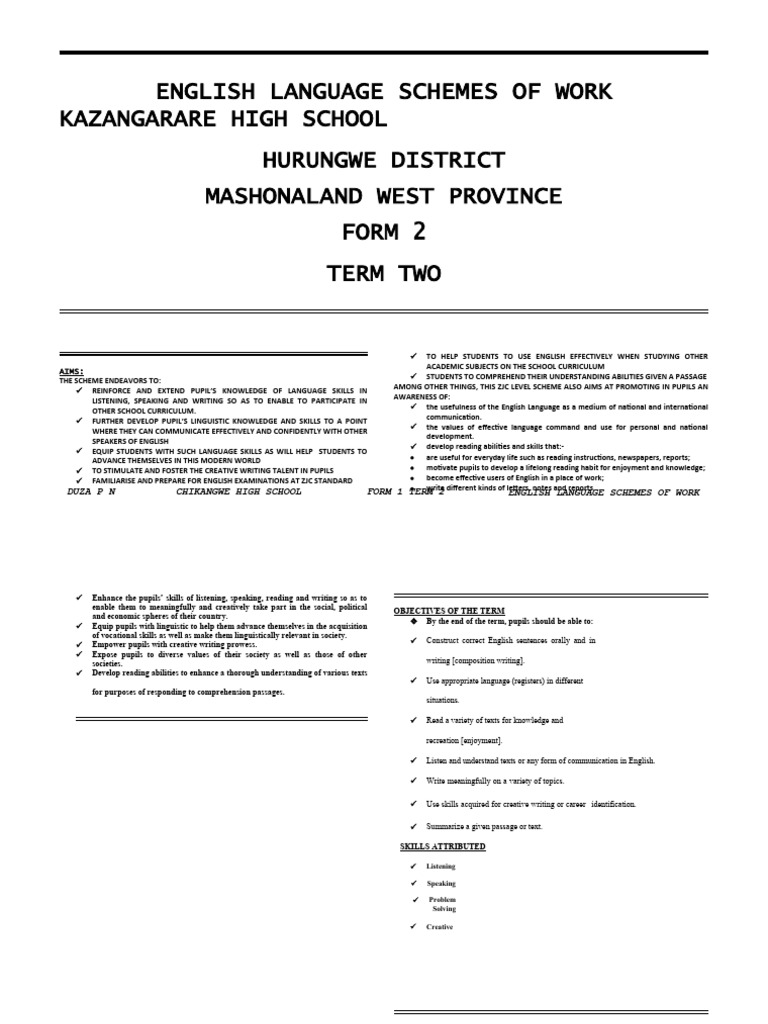 English Form 2 Scheme | PDF | Reading Comprehension | Subject (Grammar)