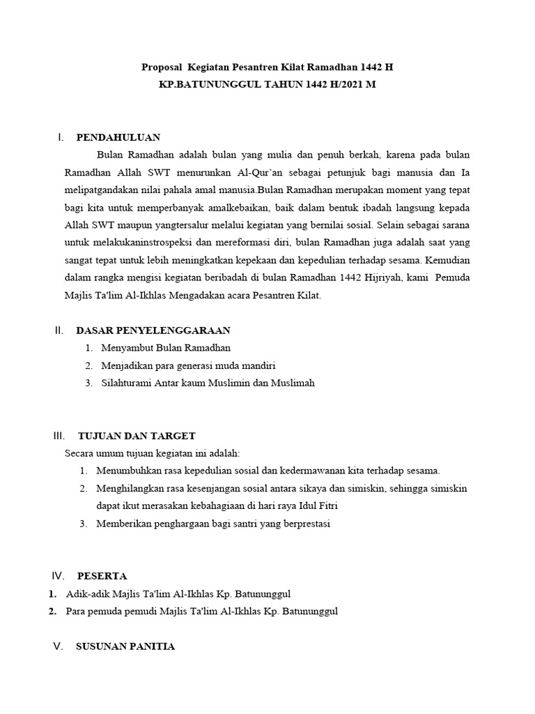 Contoh Proposal Kegiatan Pesantren Kilat Ramadhan Beserta Biayanya | PDF