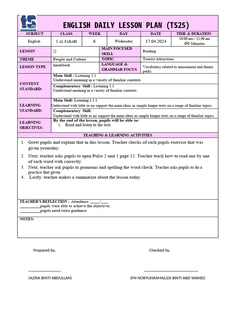 ENGLISH DAILY LESSON PLAN | PDF | Teachers | English Language