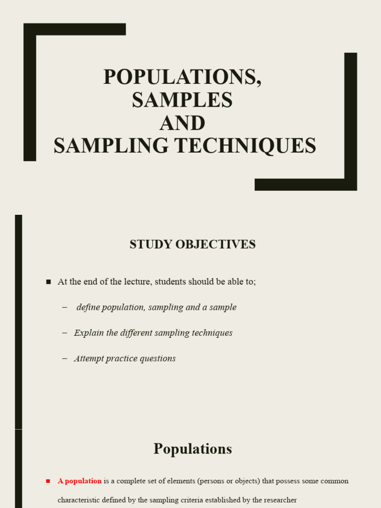 Week 2 Populations, Samples and Sampling Techniques | PDF | Sampling (Statistics) | Statistics