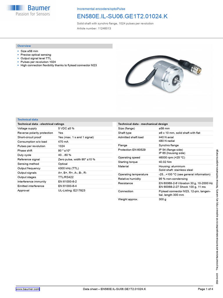 Baumer EN580E.IL-SU06.GE1T2.01024.K EN 20240408 DS | PDF ...