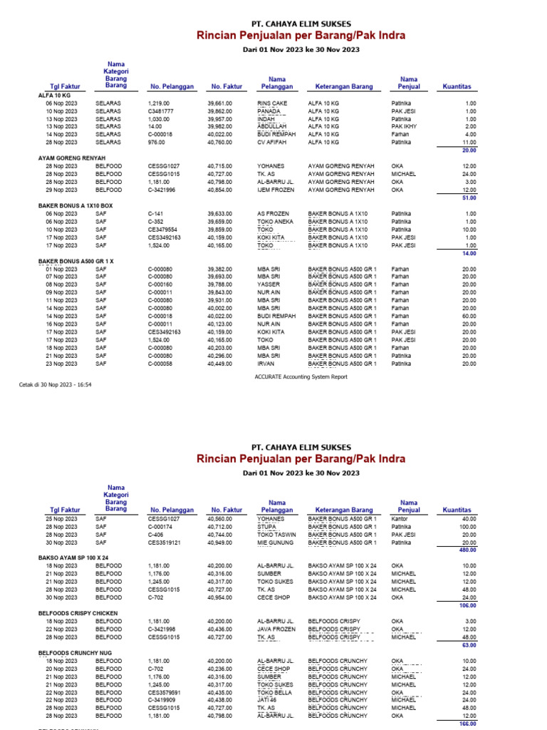 Rincian Penjualan Per Barang/Pak Indra: Pt. Cahaya Elim Sukses | PDF ...