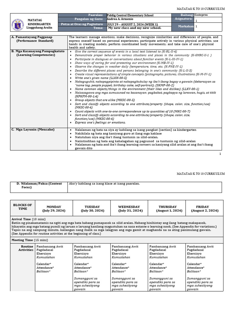 DLL Matatag Kindergarten - Q1 - W1 | PDF
