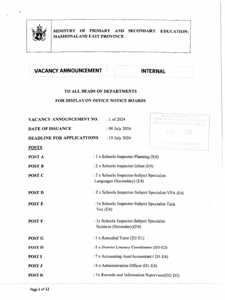 Internal Advert 1 of 2024 Edu Mash East | PDF
