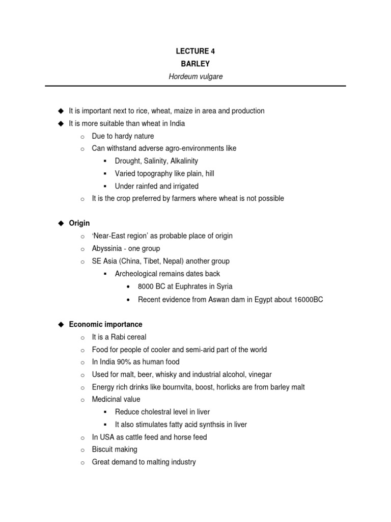 AGR 203 Lec 3 Barley | PDF | Barley | Wheat