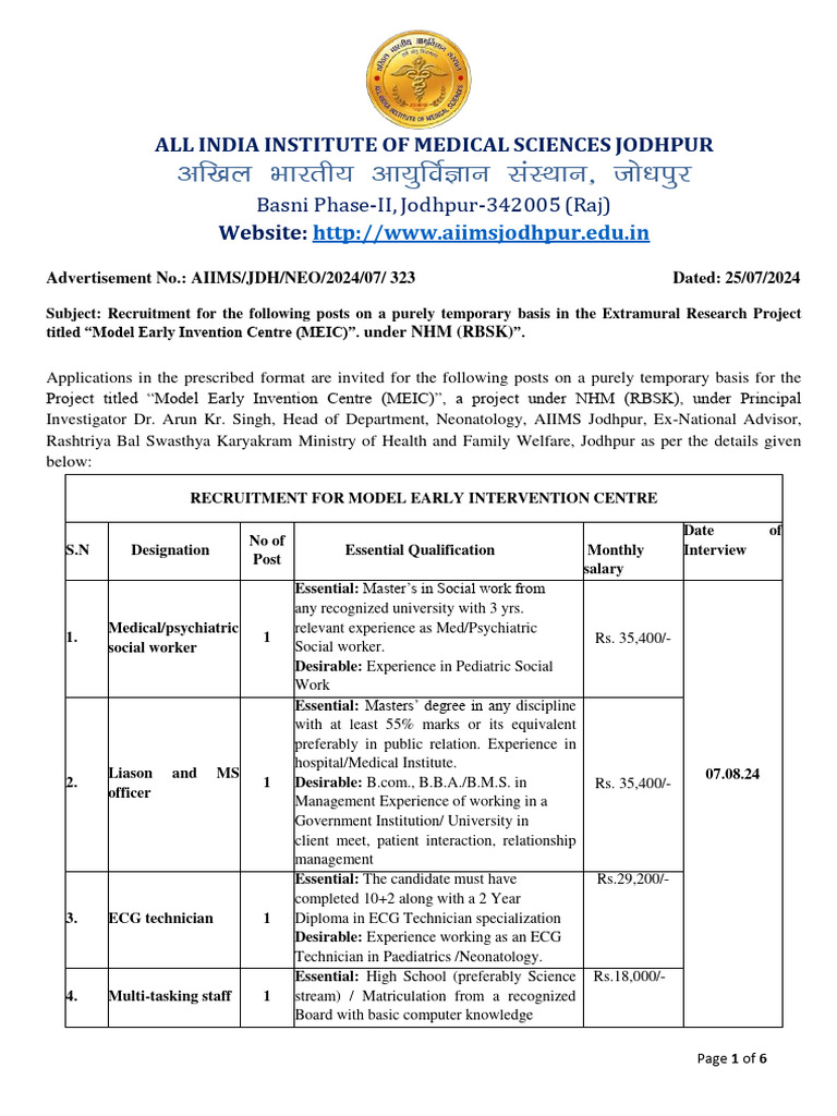 Recruitment For The Following Posts On A Purely Temporary Basis in The ...