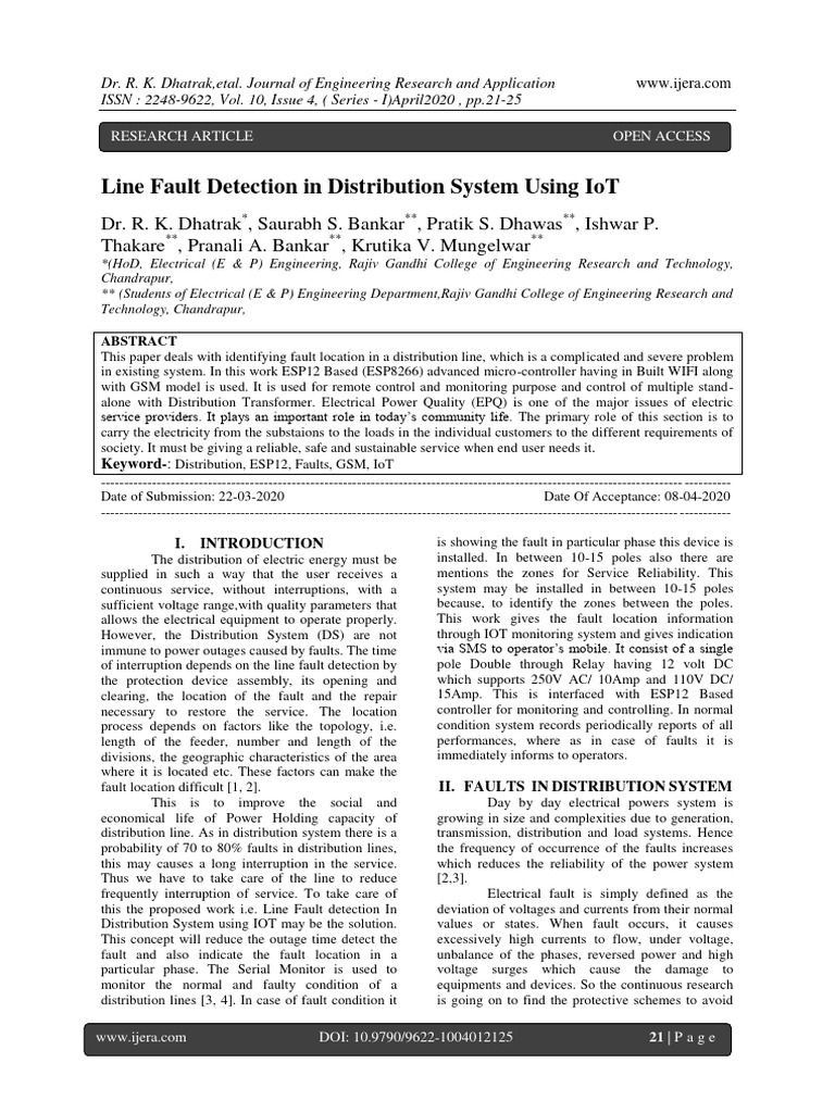 Line Fault Detection In Distribution Sys 1 Download Free Pdf Electric Power Distribution