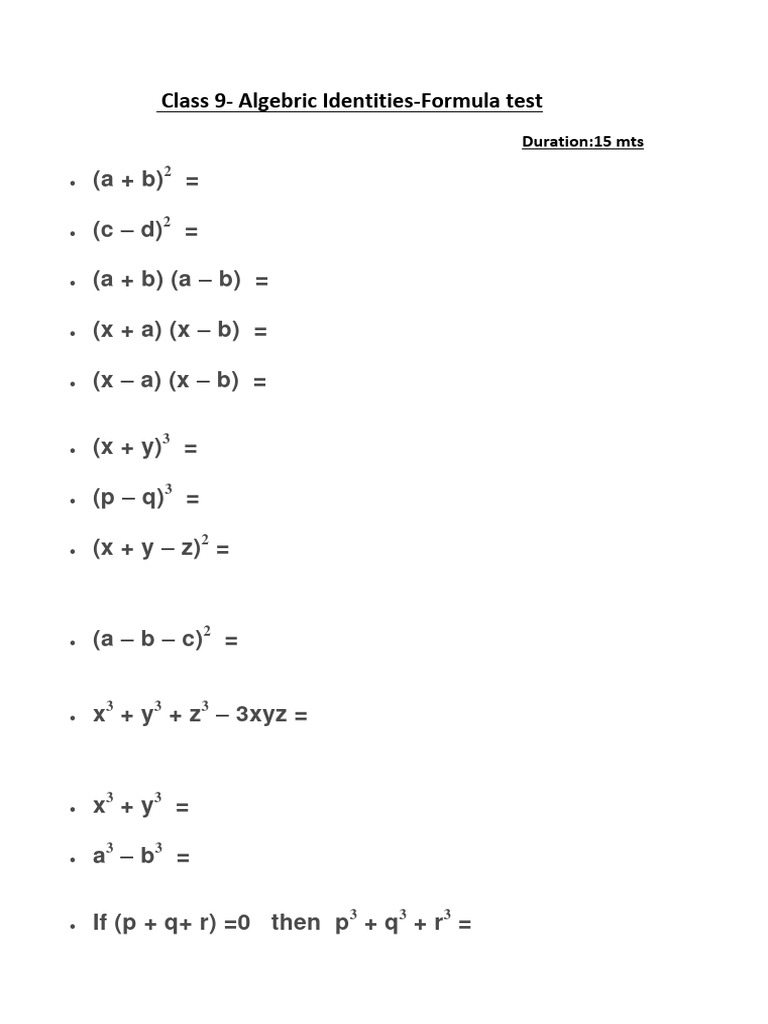 Class 9 - Algebric Identities-Formula Test | PDF | Teaching Methods ...