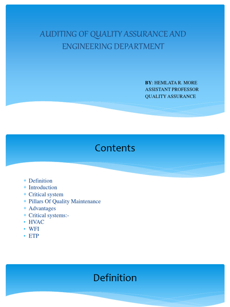 Auditing of Quality Assurance and Engineering Department: By: Hemlata R. More | PDF | Chemical ...