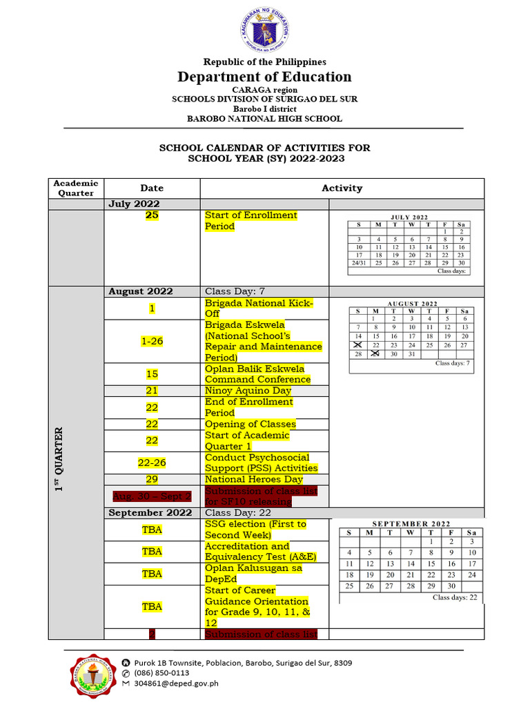 School Activities For Sy 2022-2023 | PDF | Observances | Philippines