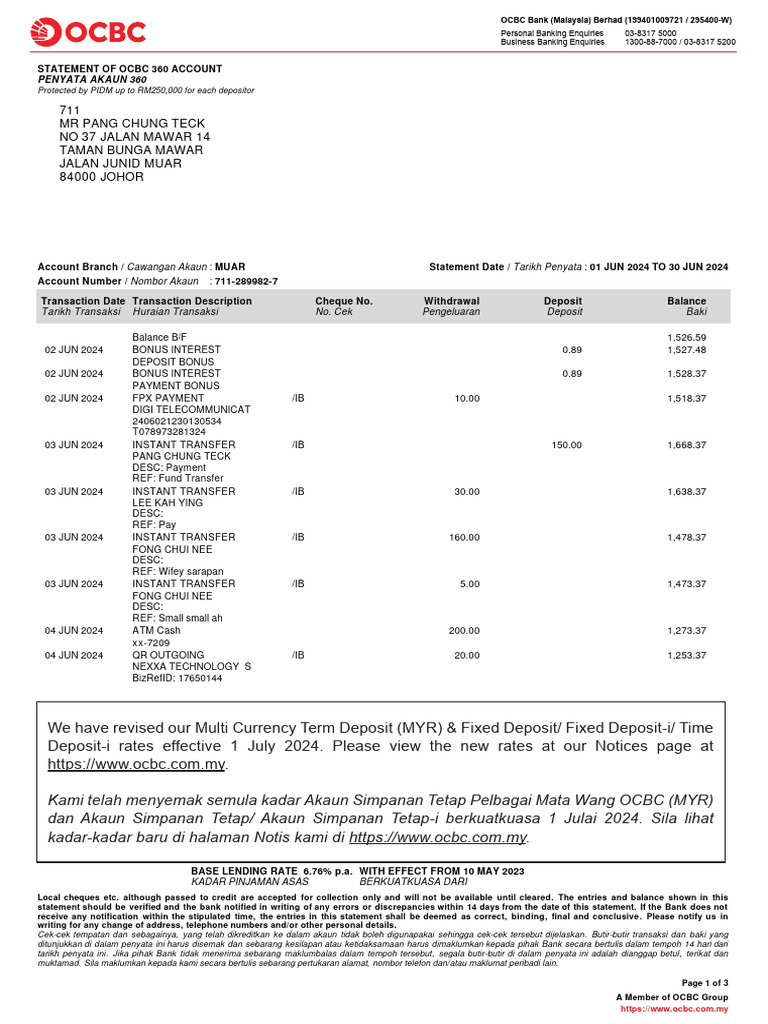OCBC 360 Account Statement Update | PDF | Payments | Deposit Account
