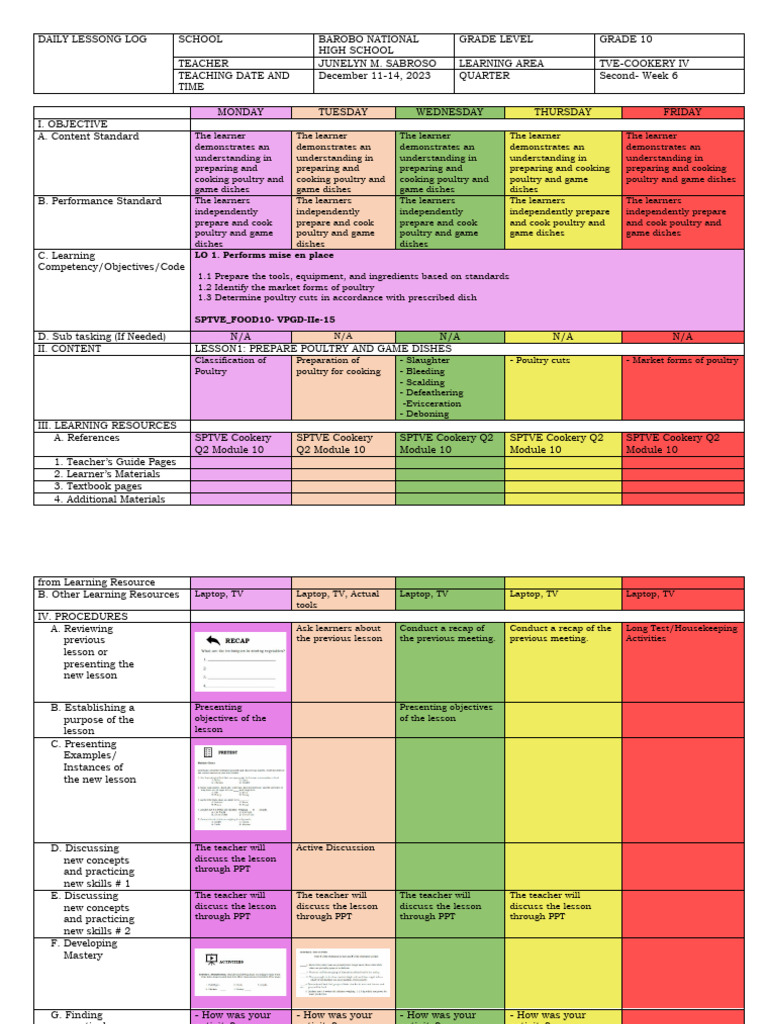 Grade 10 Cookery Lesson Plan | PDF | Learning | Pedagogy