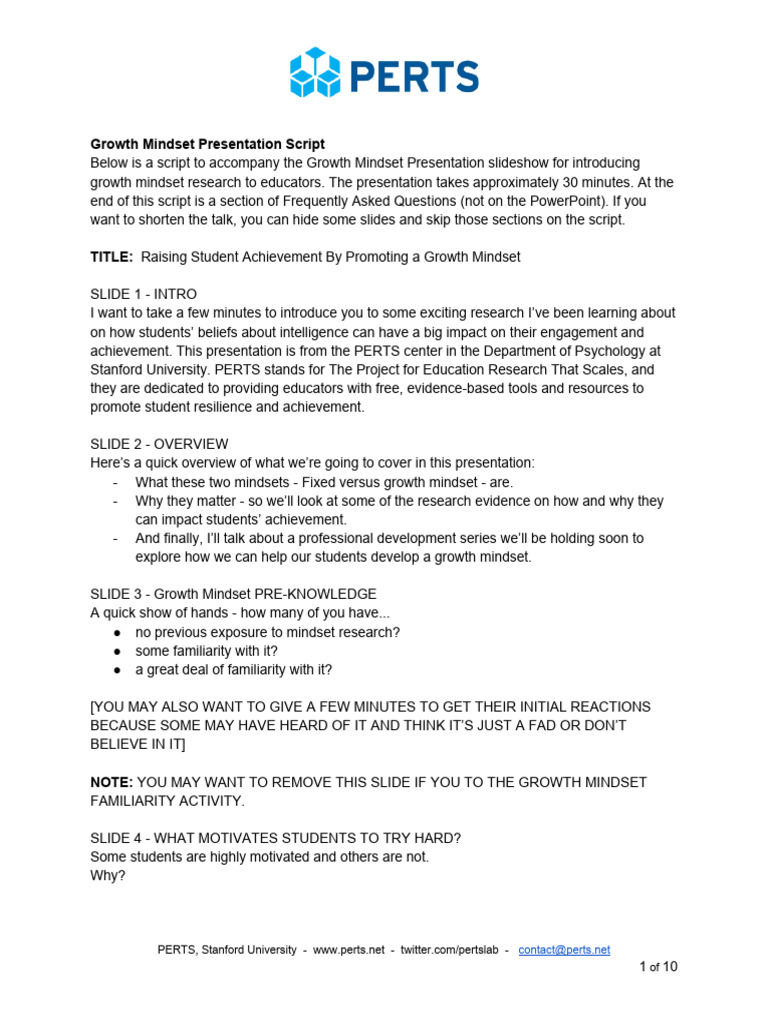 Growth Mindset Presentation Script | PDF | Mindset | Behavior Modification