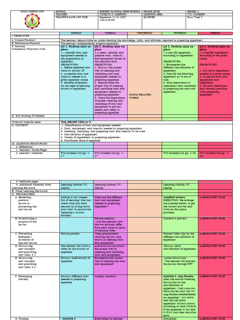 DAILY LESSONG LOG Week 3q1 - g11 | PDF | Learning | Laboratories
