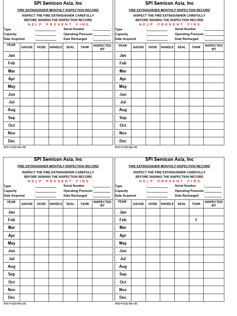 Monthly Fire Extinguisher Inspection Log | PDF