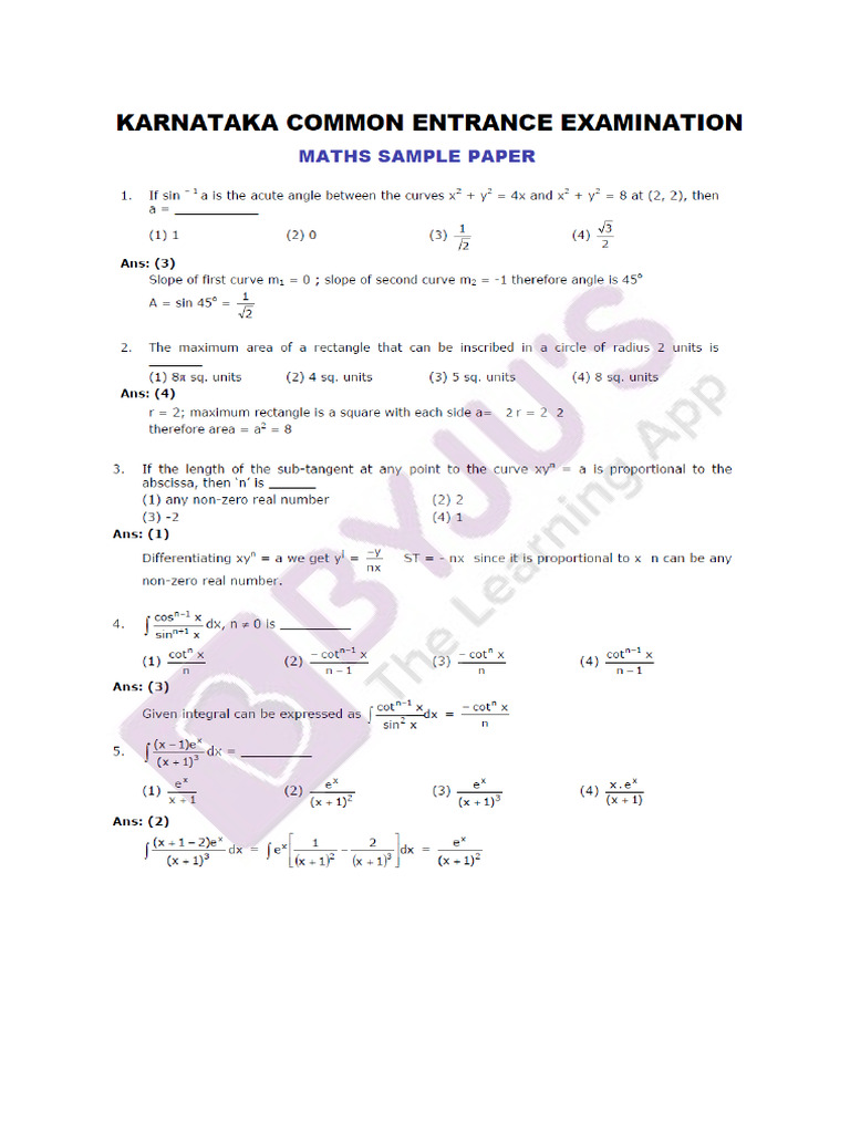 KCET Sample Paper Maths Compressed 4 | PDF