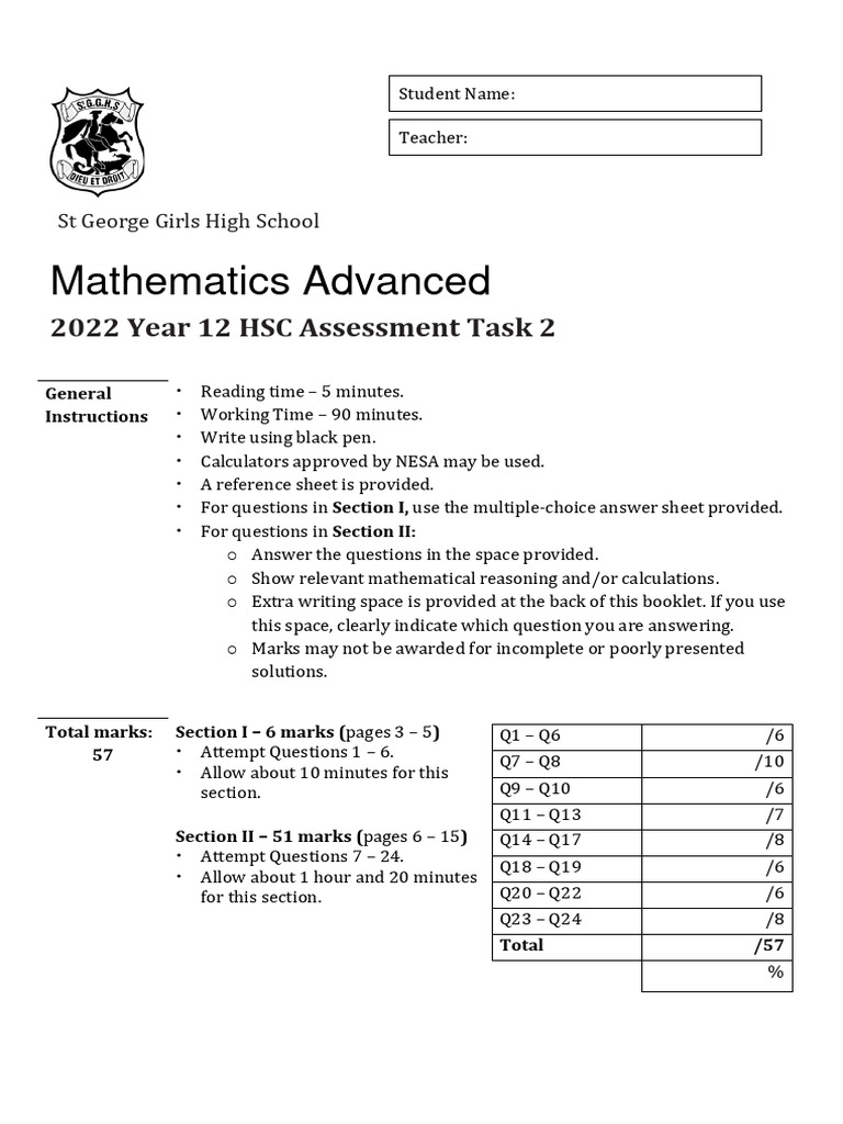 STGGHS - Yr12 - Maths Advanced - HSC - Task - 2 - 2022 | PDF | Multiple ...