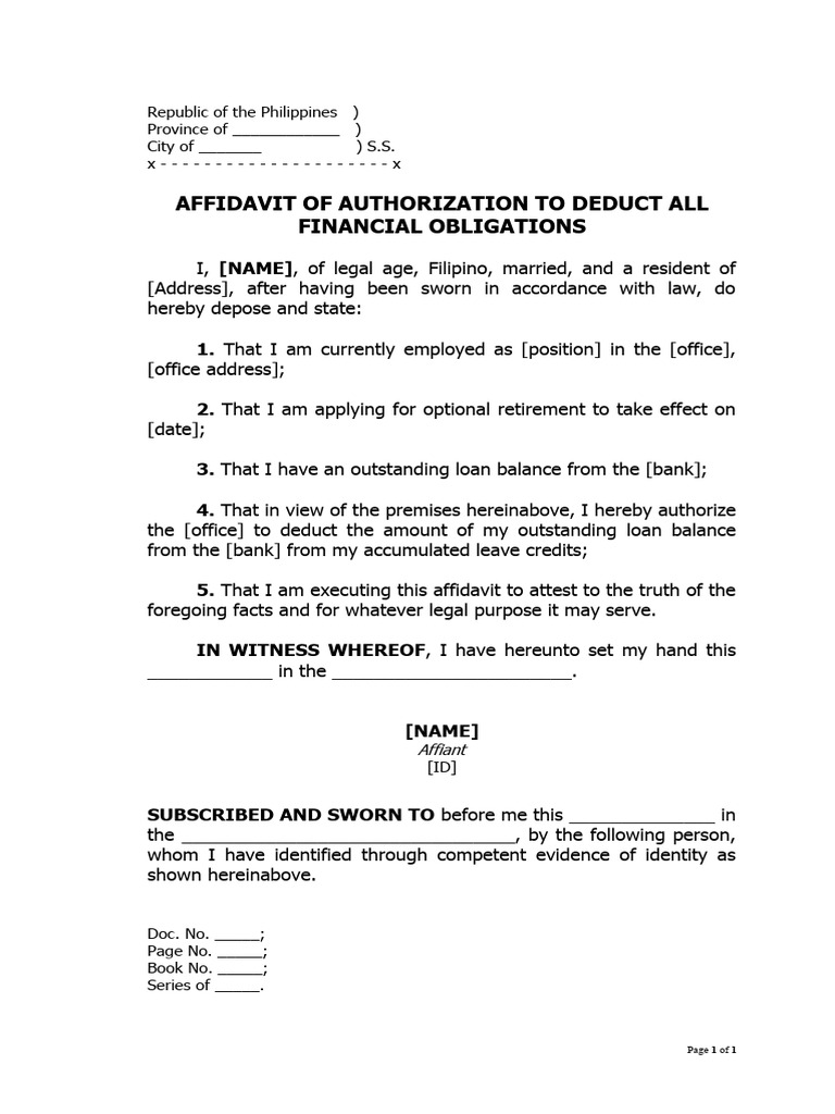 Sample Affidavit of Authority to Deduct | PDF