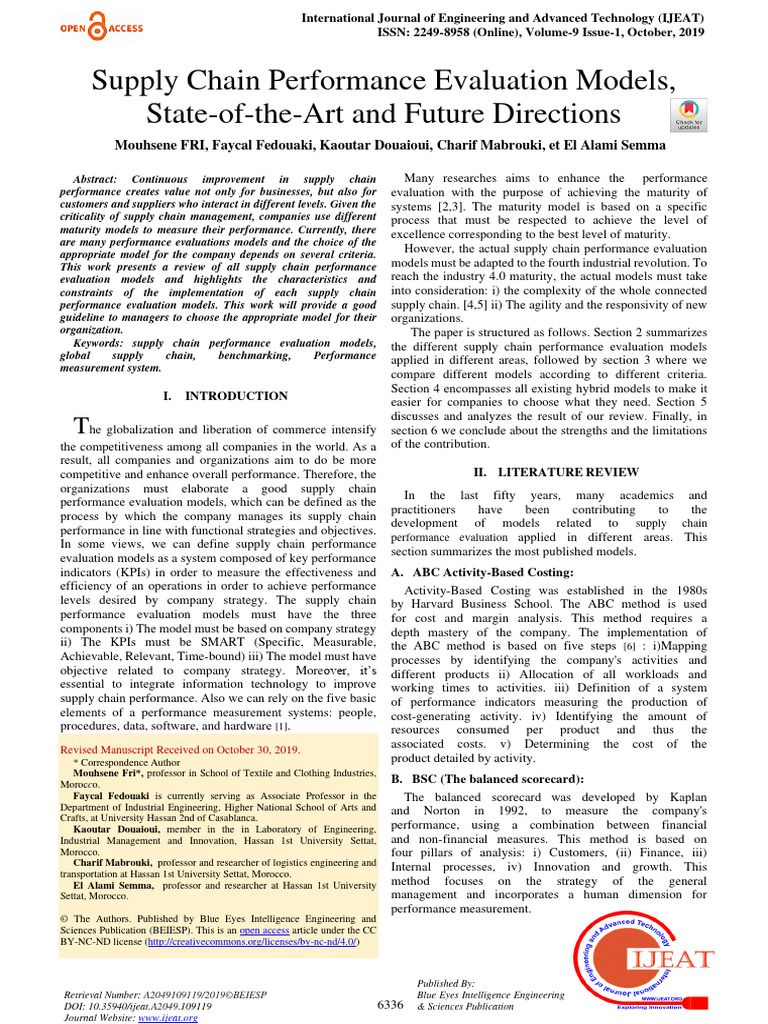 Supply Chain Performance Evaluation Models, State-of-the-Art and Future Directions | PDF ...