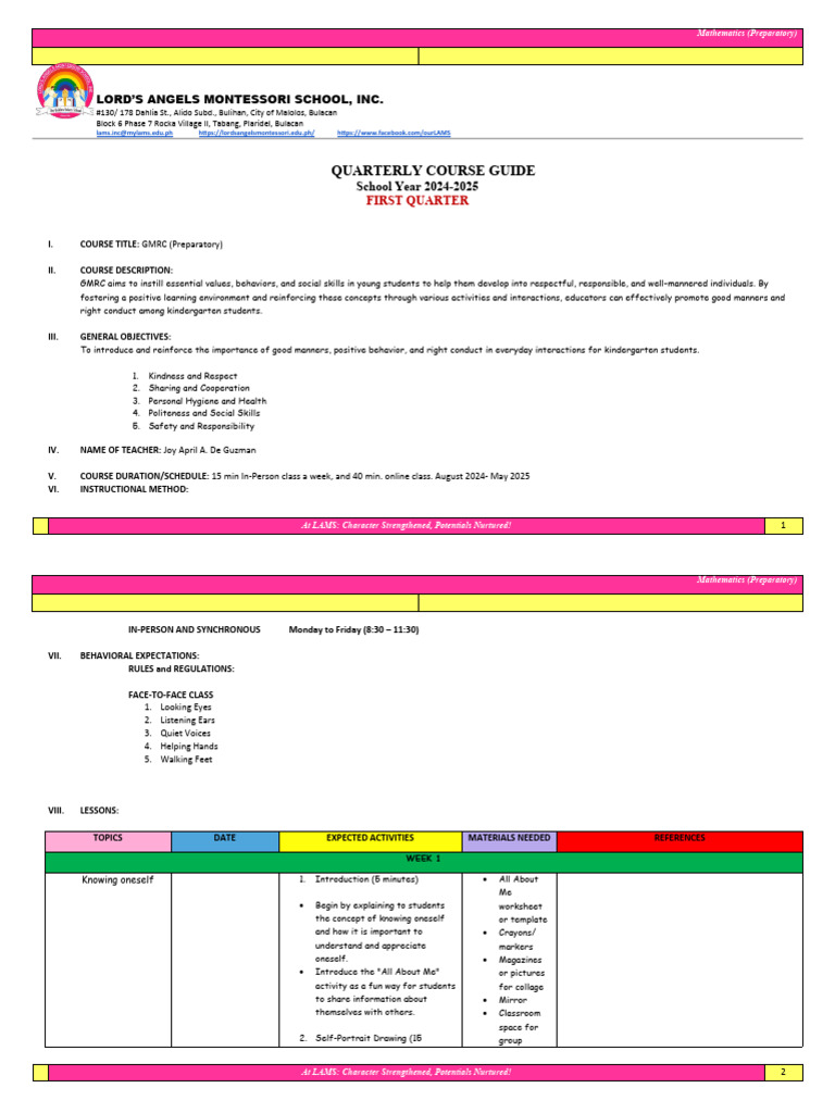 GMRC Prep 1st Quarter Course Guide 2024-2025 | PDF | Rubric (Academic ...