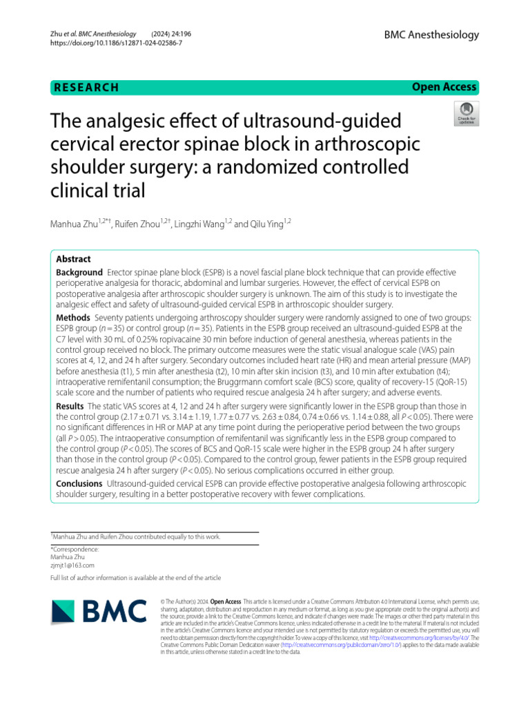 Erector Spinae Block For Arthroscopic Should Surgeries | PDF | Medical ...