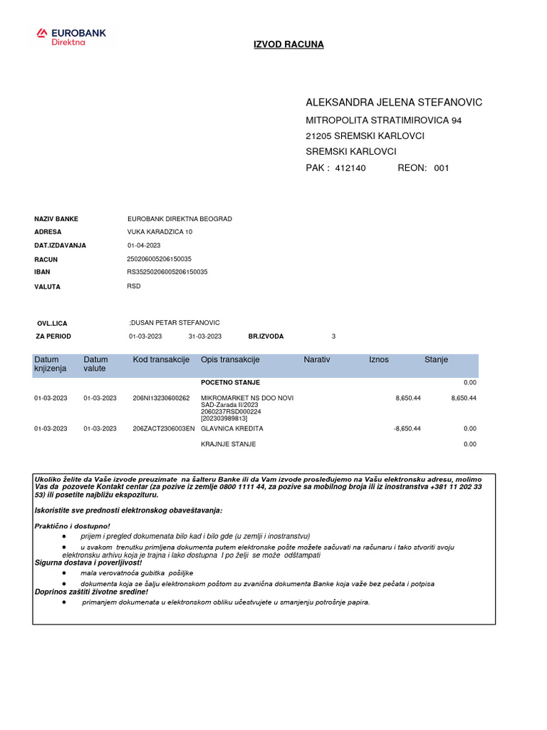 Aleksandra Jelena Stefanovic: Izvod Racuna | PDF