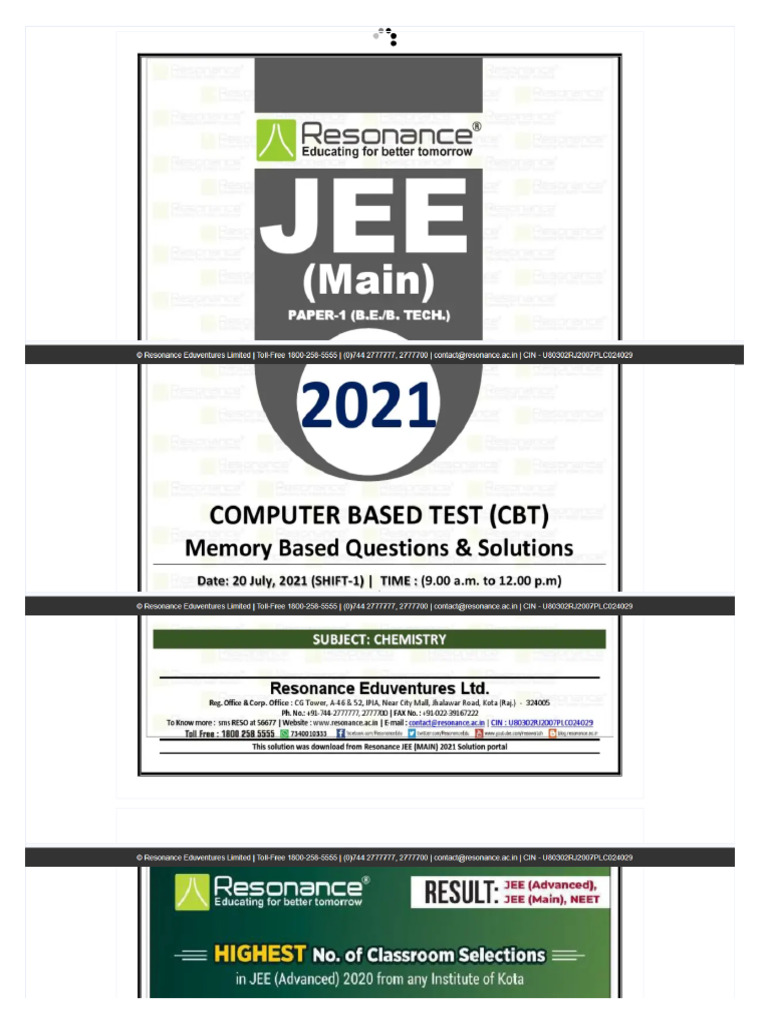 JEE_Main_20_July_Chemistry_Morning_Shift_memory_based_question_paper | PDF