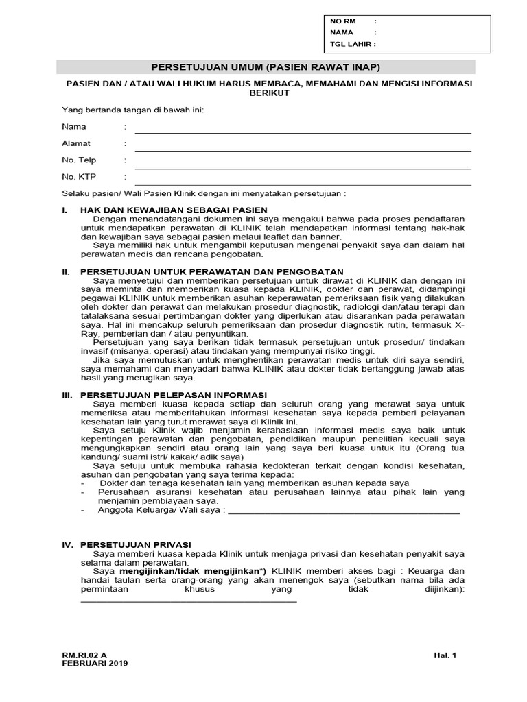 RM - Ri.02 A Persetujuan Umum Pasien Rawat Inap | PDF | Sains & Matematika