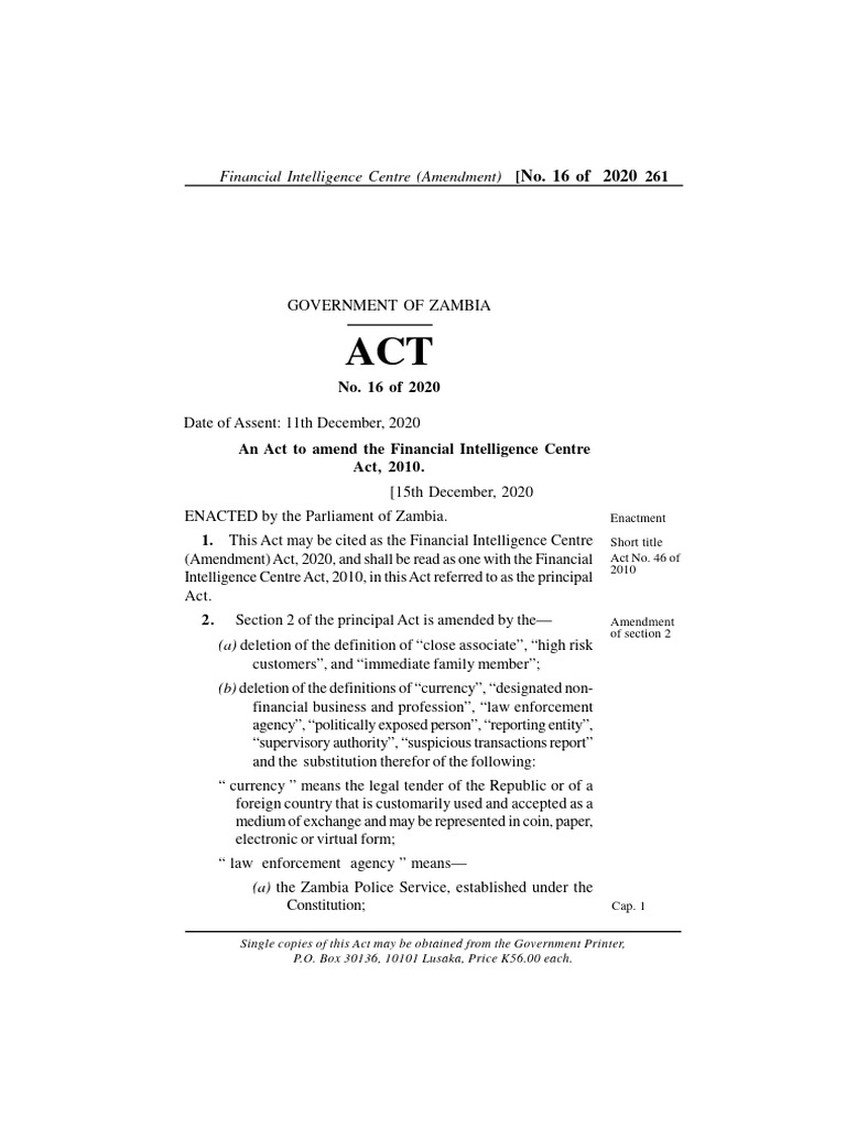 Financial Intelligence Centre Amendment Act No. 16 of 2020 | PDF ...