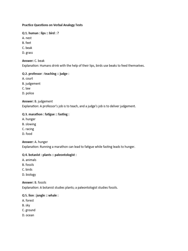 Practice Questions On Verbal Analogy Tests | PDF | Teaching Methods ...