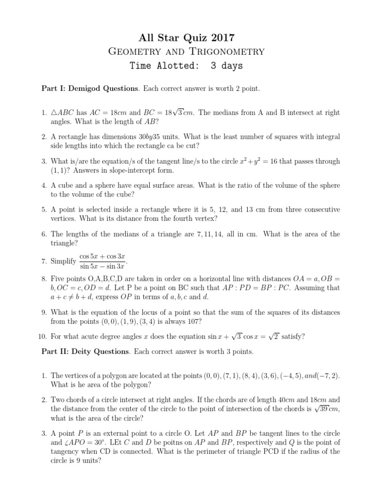 (Mathematics) All Star Quiz 2017 Geometry & Trigo | PDF | Circle | Triangle