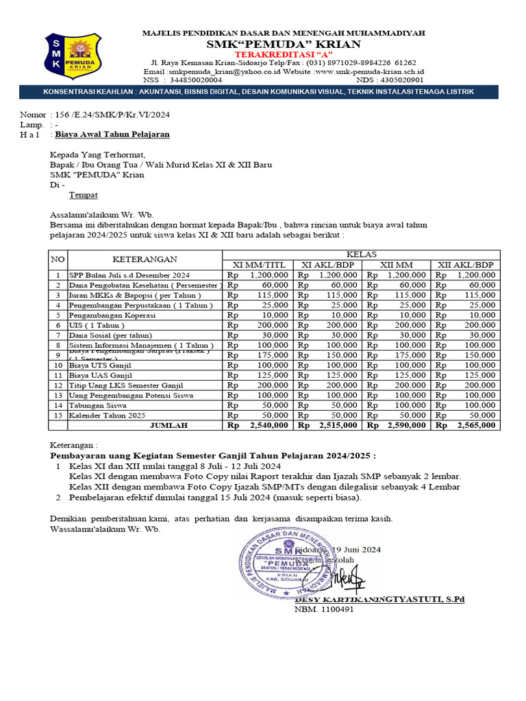 Biaya Awal Tahun Kls XI & XII TH 2024 | PDF