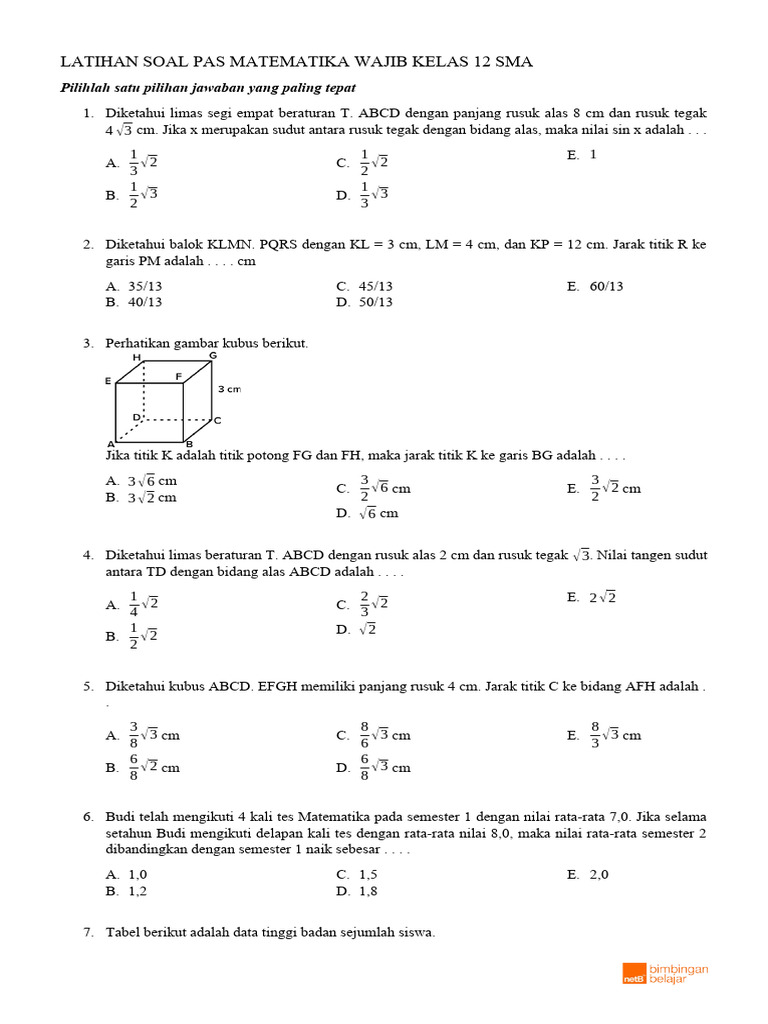 UAS Ganjil Matematika Wajib Kelas 12 SMA | PDF