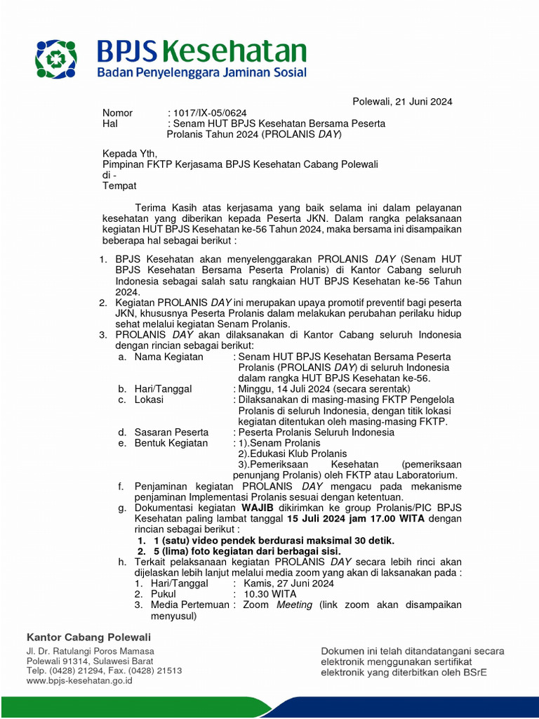 Surat Penyampaian PROLANIS DAY | PDF | Pengembangan Diri