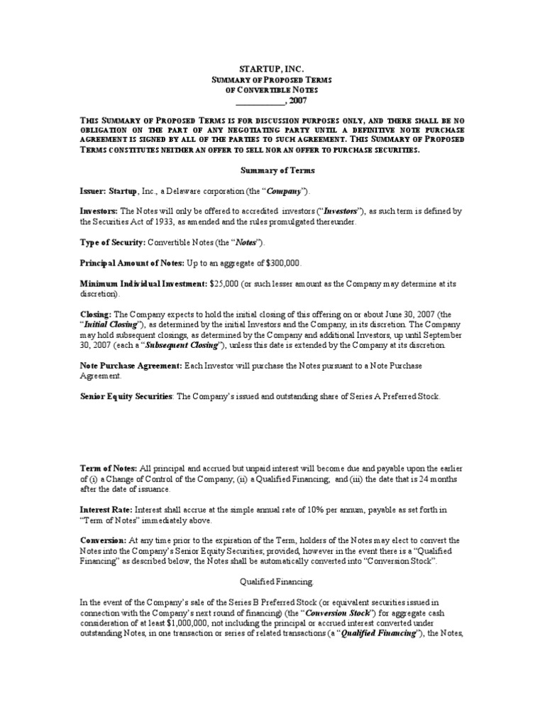 Sample Discount Convertible Note Terms | PDF | Securities (Finance ...